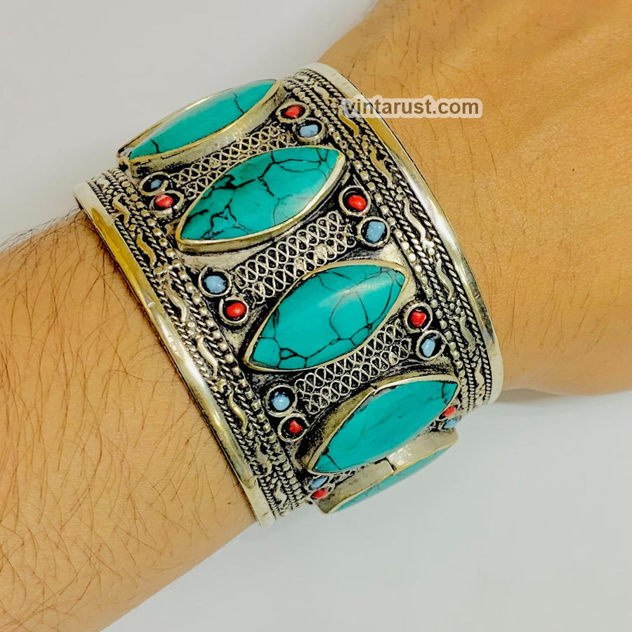 Boho Turquoise and Coral Beads Handcuff – Vintarust