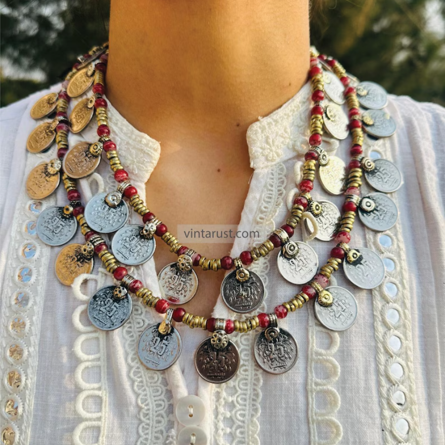 Multilayer Red Beaded Coin Boho Necklace – Vintarust