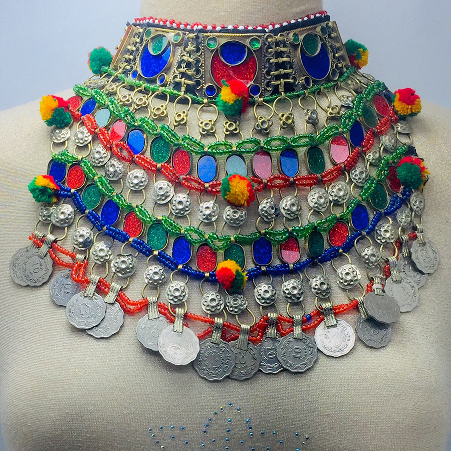 Kuchi Tribal Choker With Dangling Multicolor Stones and Coins – Vintarust