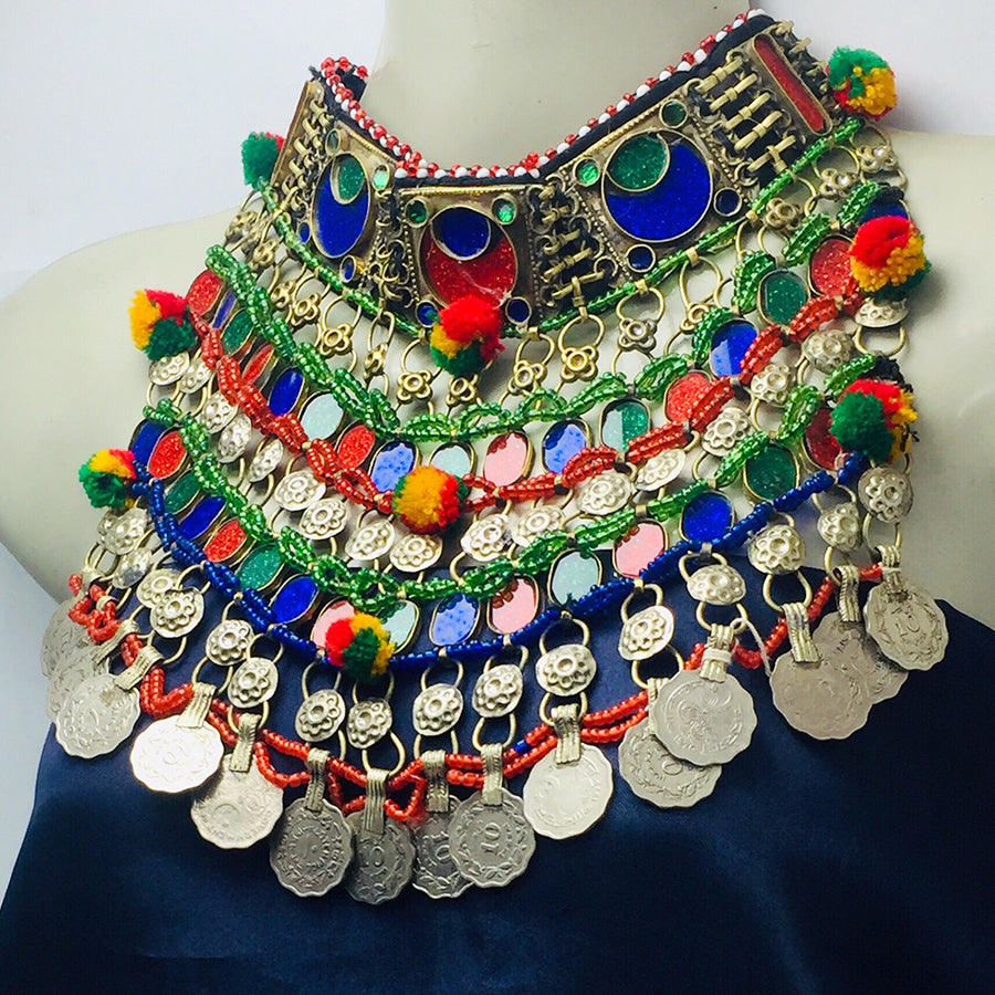 Kuchi Tribal Choker With Dangling Multicolor Stones and Coins – Vintarust