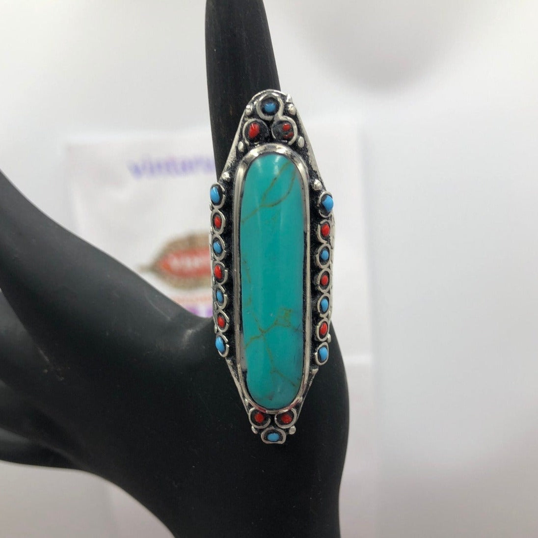 Big Stone Ring With Turquoise and Coral Beads – Vintarust